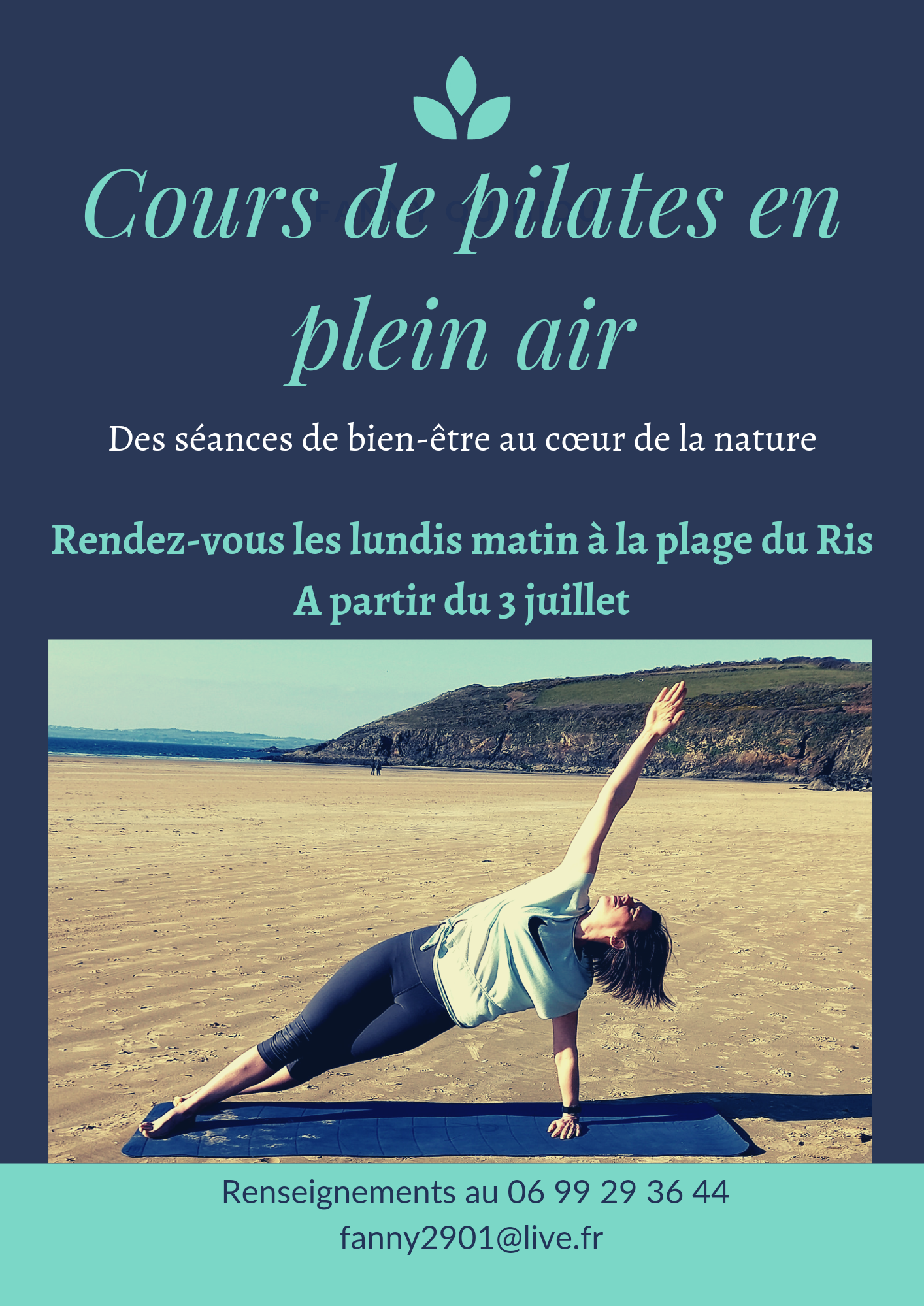 Fanny vous propos un cours de Pilâtes sur la plage du Ris.